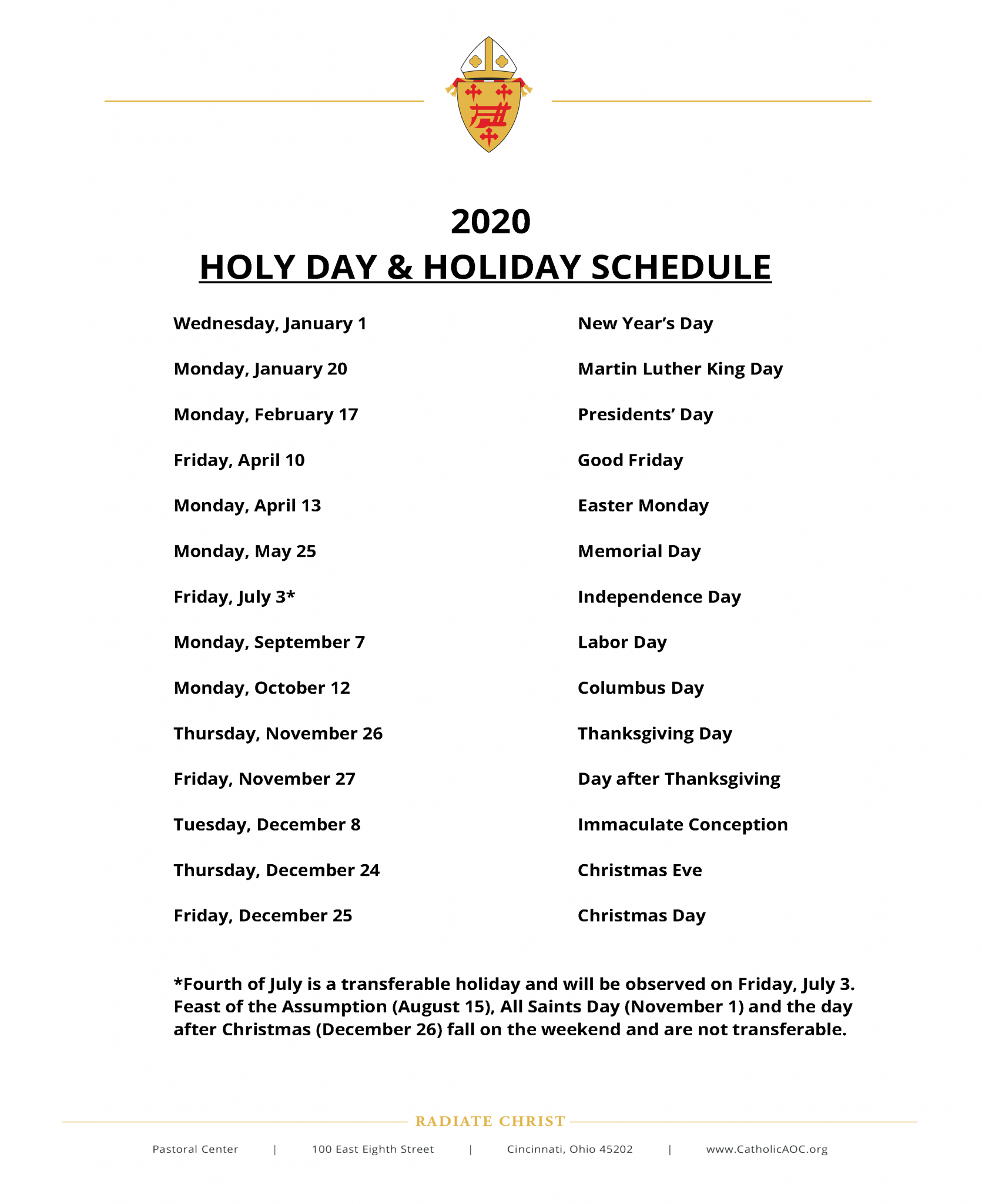 Holy Day/ Holiday Schedule - Archdiocese of Cincinnati