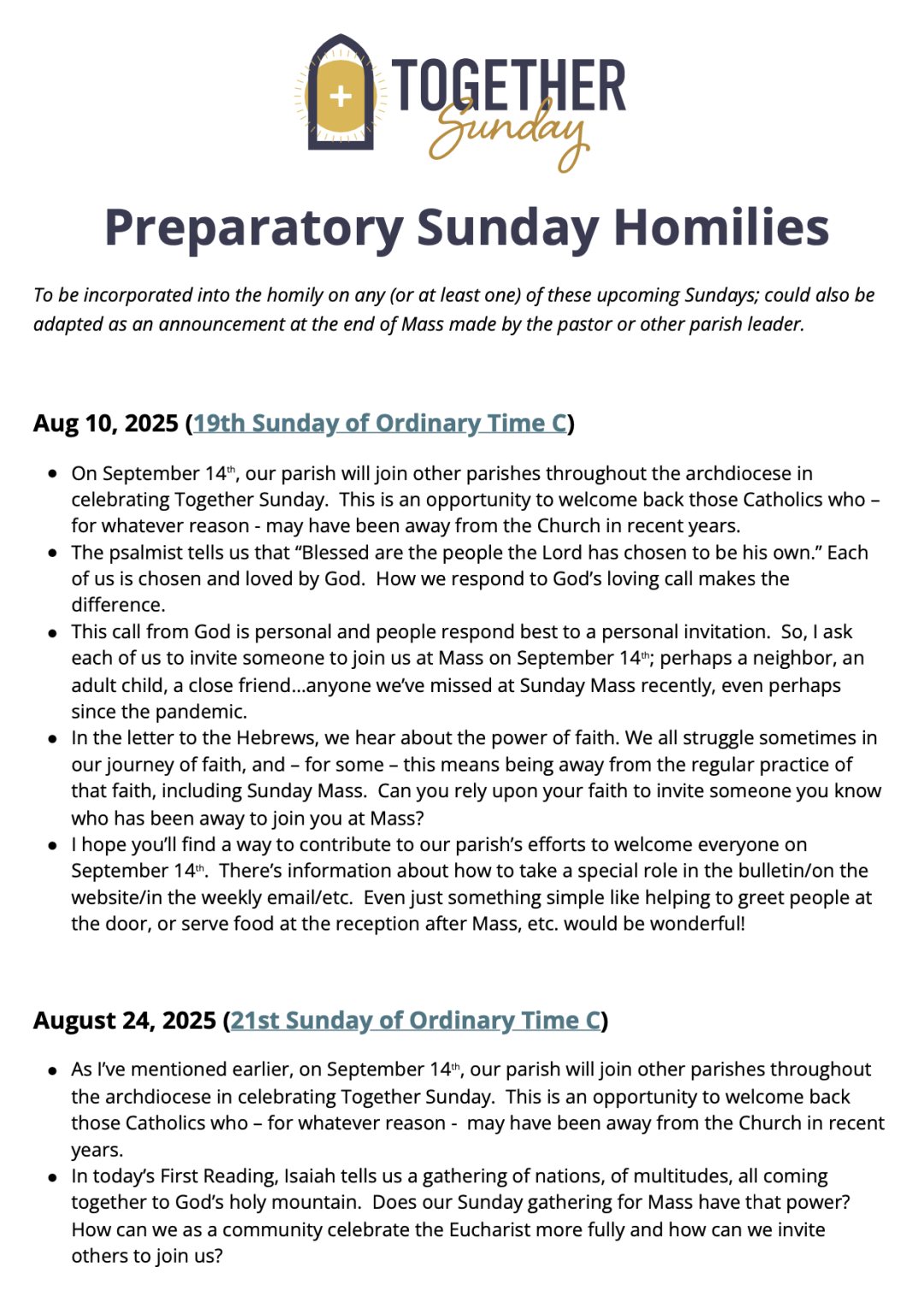 Together Sunday - Archdiocese of Cincinnati
